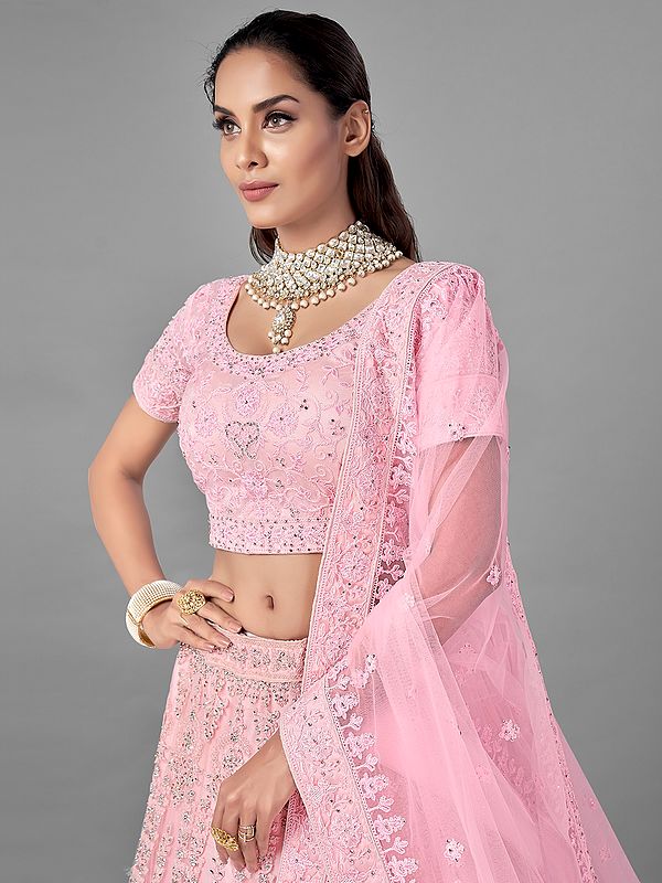 Pink Soft Net Lehenga Choli with Kali Pattern Dori-Zarkan Work and ...