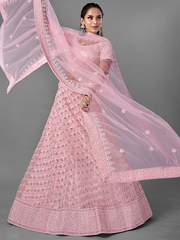 Pink Soft Net Lehenga Choli with All-Over Dori-Zarkan Work and Floral ...